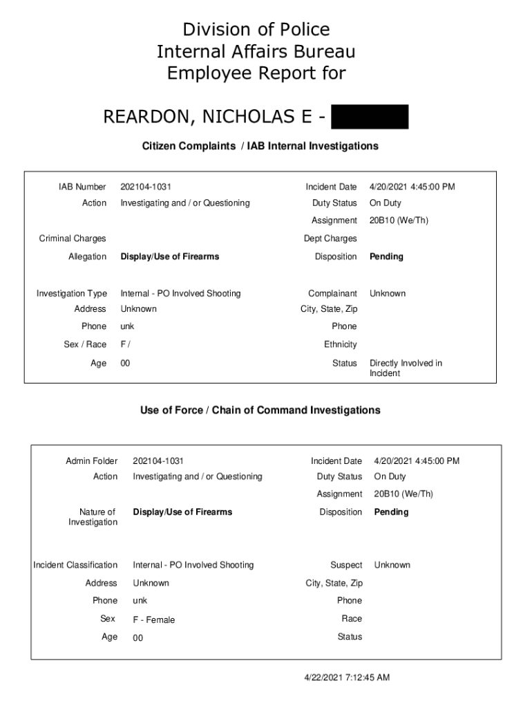 Fillable Online Division of Police Internal Affairs Bureau Employee ...