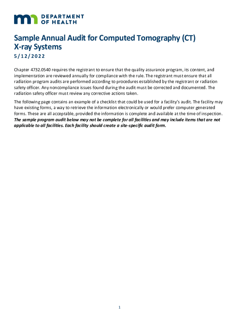 Fillable Online health minnesota Sample Annual Audit for Computed Tomography (CT) X-ray Systems ...
