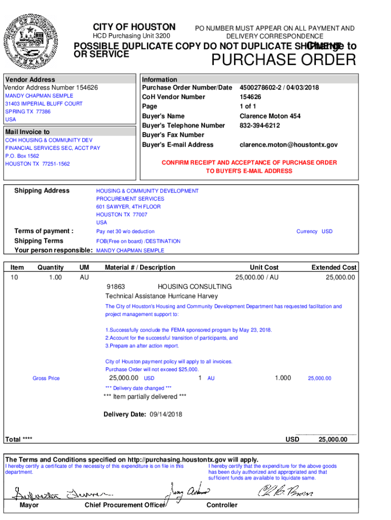 Fillable Online PURCHASE ORDER - City of Houston Fax Email Print - pdfFiller