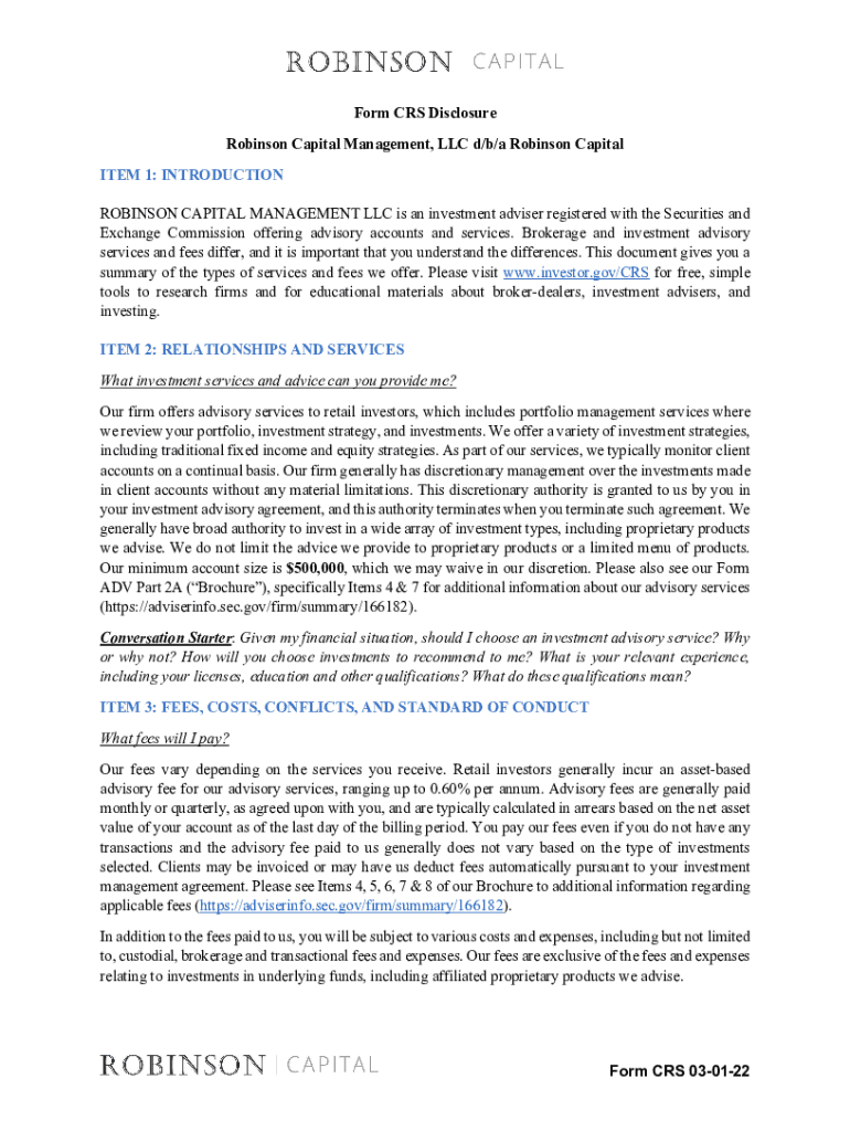 Fillable Online Form CRS 03-01-22 Form CRS Disclosure Robinson Capital ...