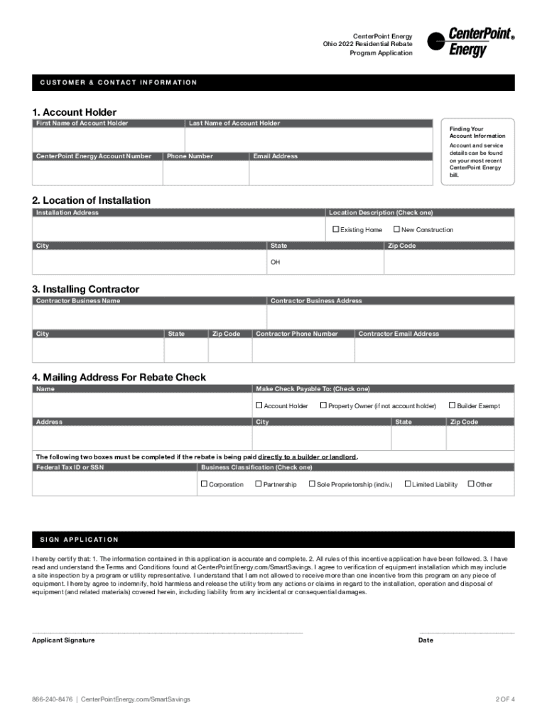 Fillable Online midwest.centerpointenergy.comassetsdownloads2022 Residential Rebate Application ...