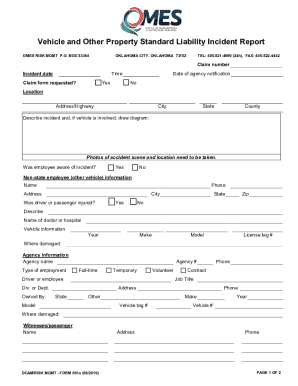 Fillable Online Standard Liability Incident Report Vehicle. Report form ...