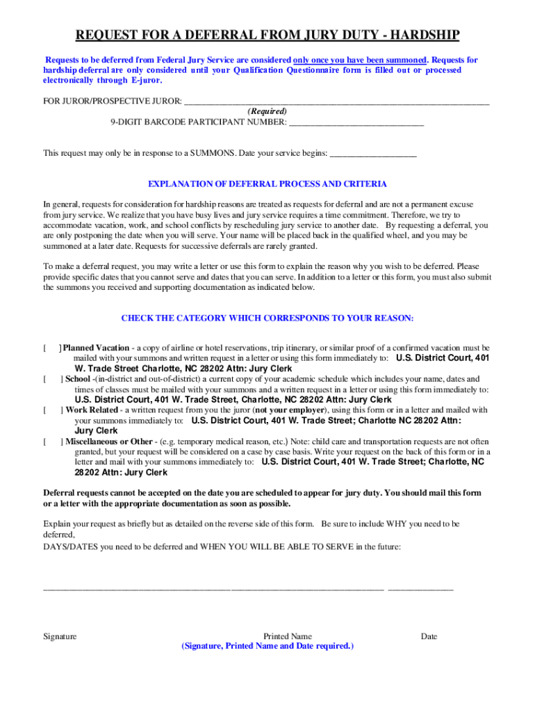 Fillable Online REQUEST FOR A DEFERRAL FROM JURY DUTY - HARDSHIP Fax ...