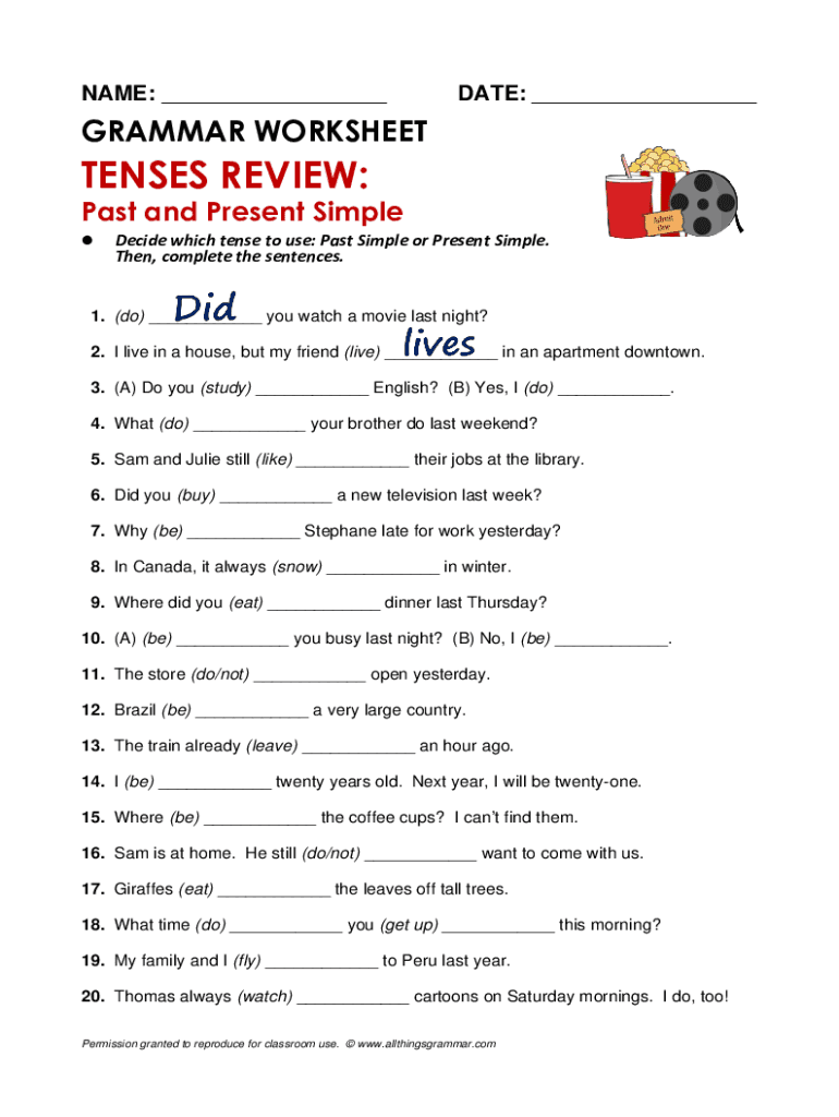 Fillable Online NAME: DATE: GRAMMAR WORKSHEET TENSES REVIEW - All ...