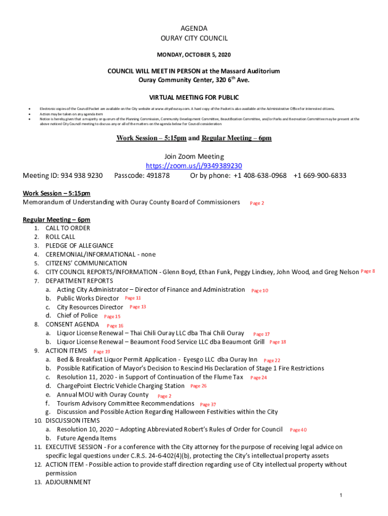 Fillable Online cms5.revize.comrevizeouraycoAGENDA OURAY CITY COUNCIL - cms5.revize.com Fax ...