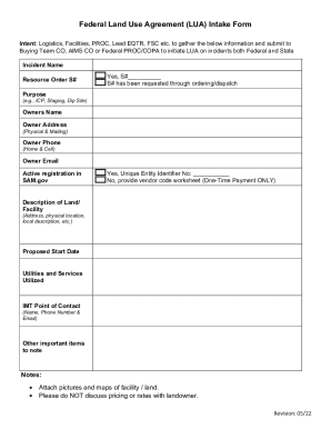 Fillable Online www.fs.fed.usbusinessincidentFederal Land Use Agreement ...