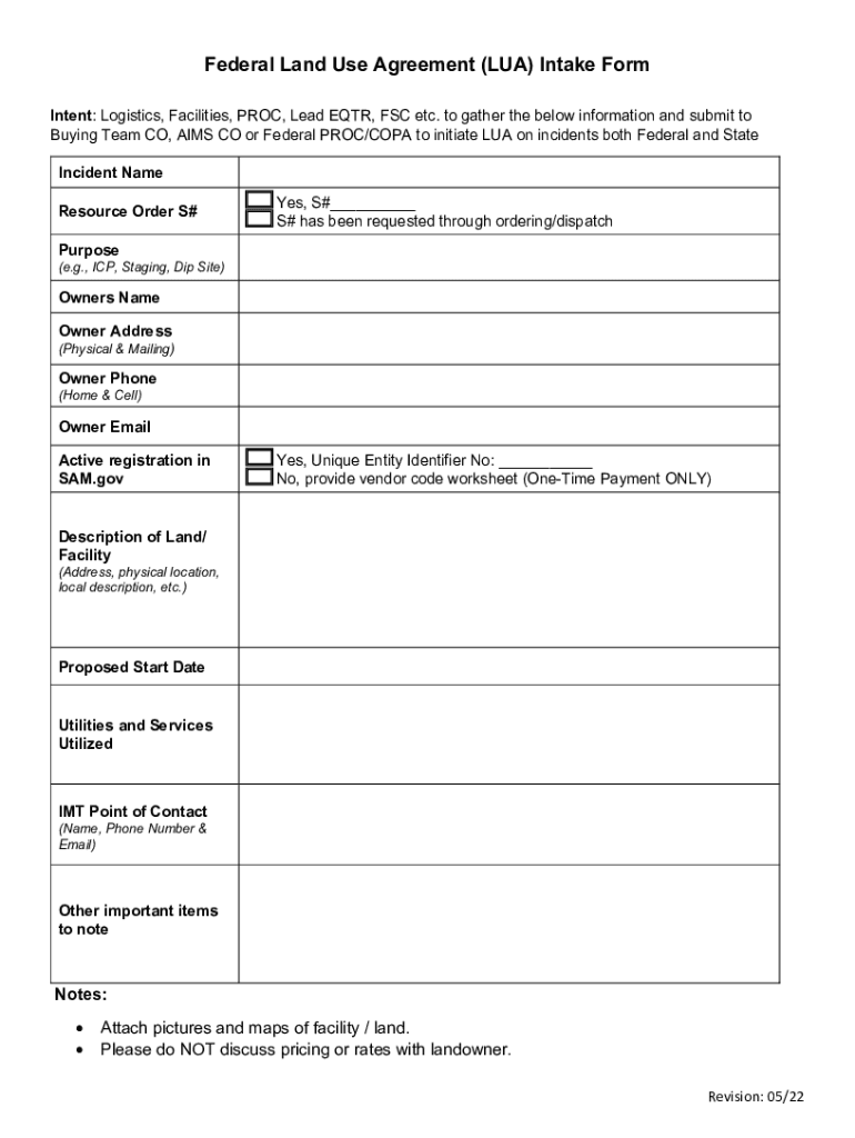 Fillable Online www.fs.fed.usbusinessincidentFederal Land Use Agreement ...