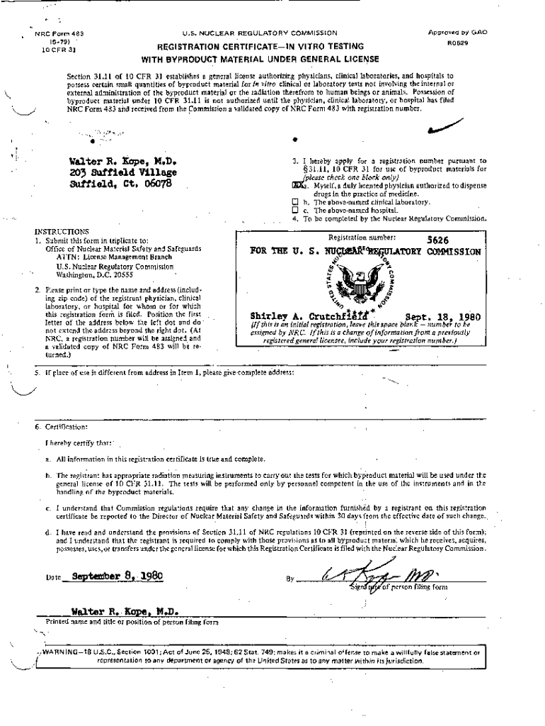 Fillable Online NRC Form 483 (registration certificate - in vitro ...