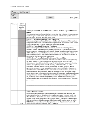 Fillable Online Exterior Inspection Form - Property Address: City Date ...