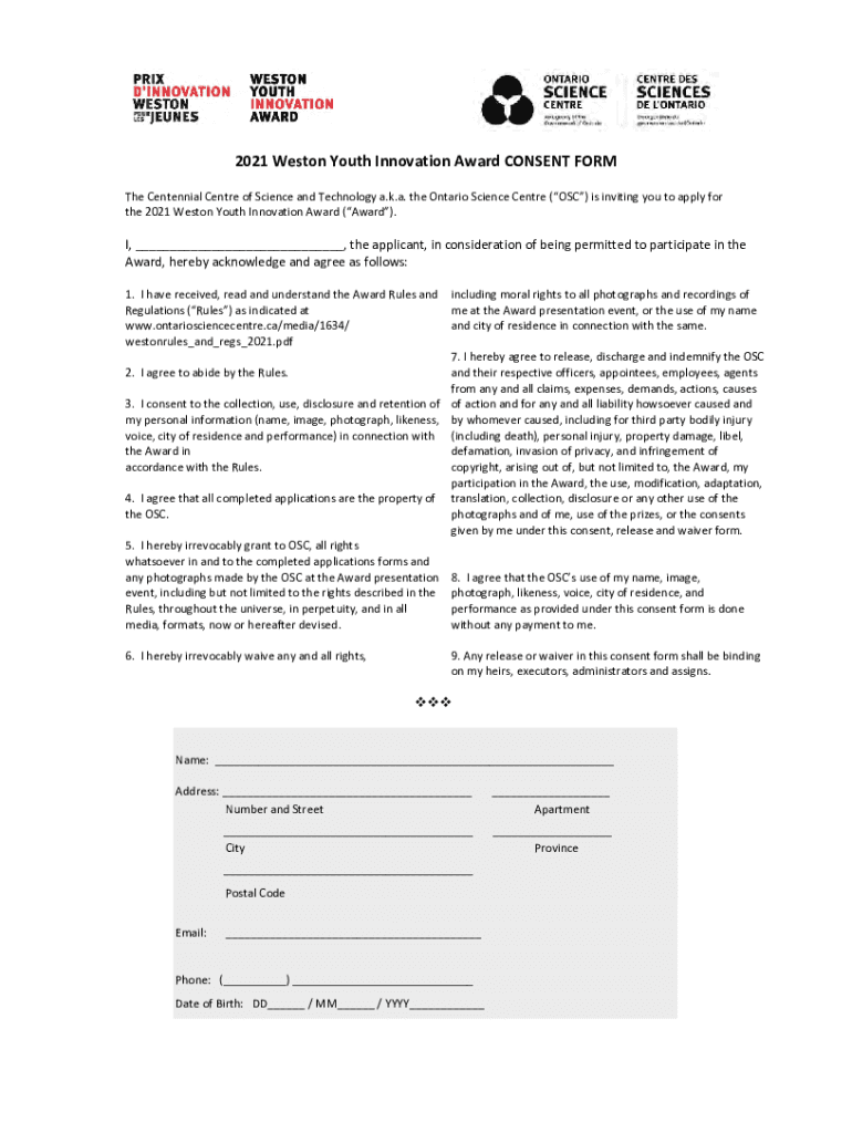 Fillable Online 2021 Weston Youth Innovation Award CONSENT FORM Fax ...