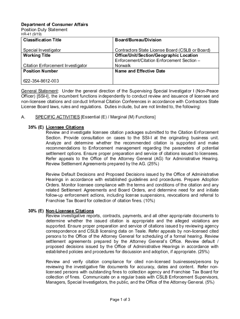 Fillable Online Department of Consumer Affairs Position Duty Statement HR-41 (9/19 ... Fax Email ...
