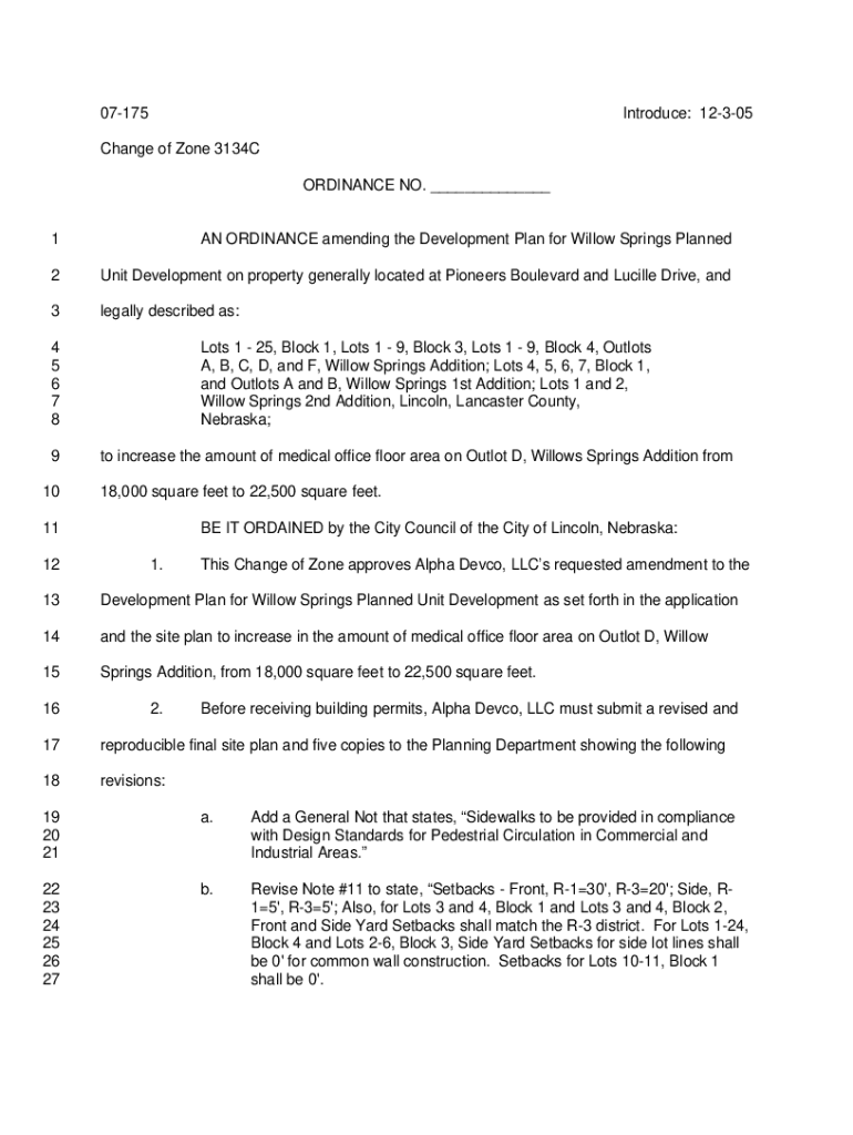 Fillable Online 07-175 Introduce: 12-3-05 Change of Zone 3134C ORDINANCE NO ... Fax Email Print ...