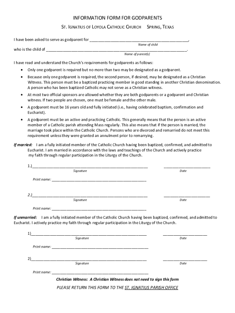Fillable Online INFORMATION FORM FOR GODPARENTS ST IGNATIUS OF LOYOLA ...