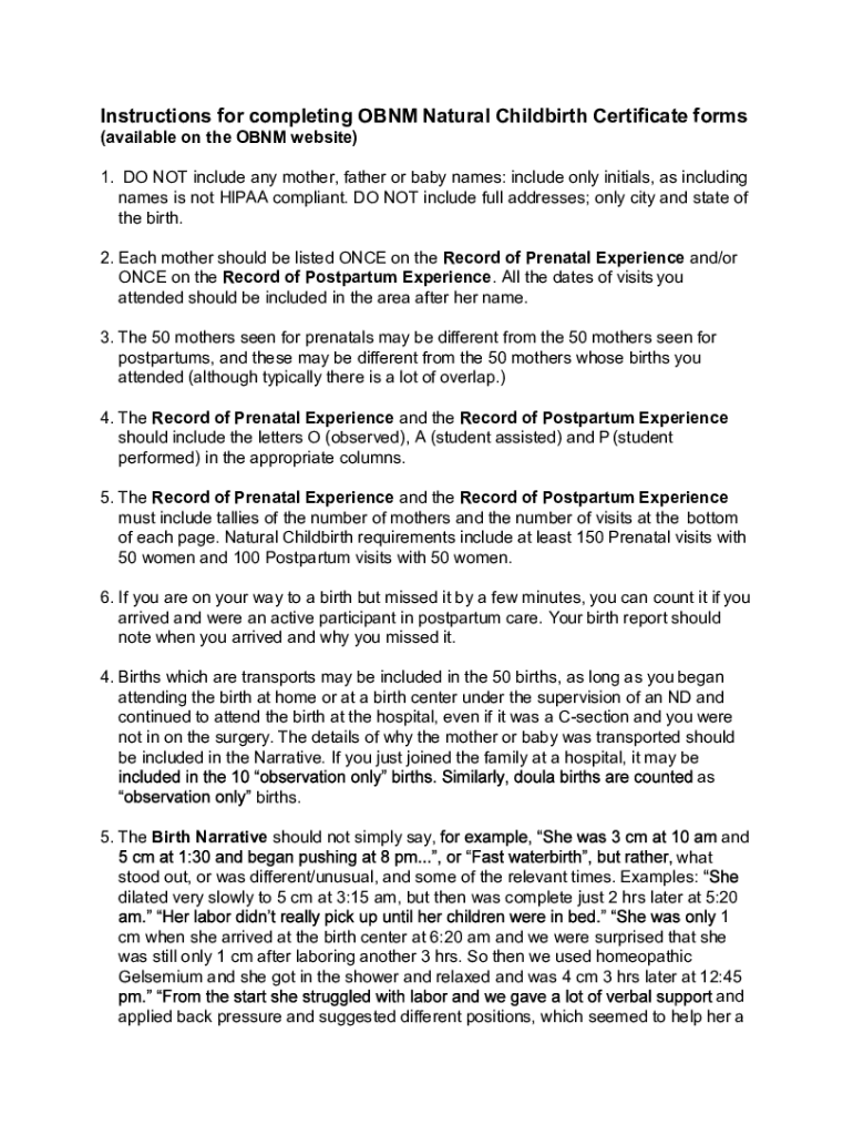 Fillable Online Instructions for completing OBNM Natural Childbirth ...