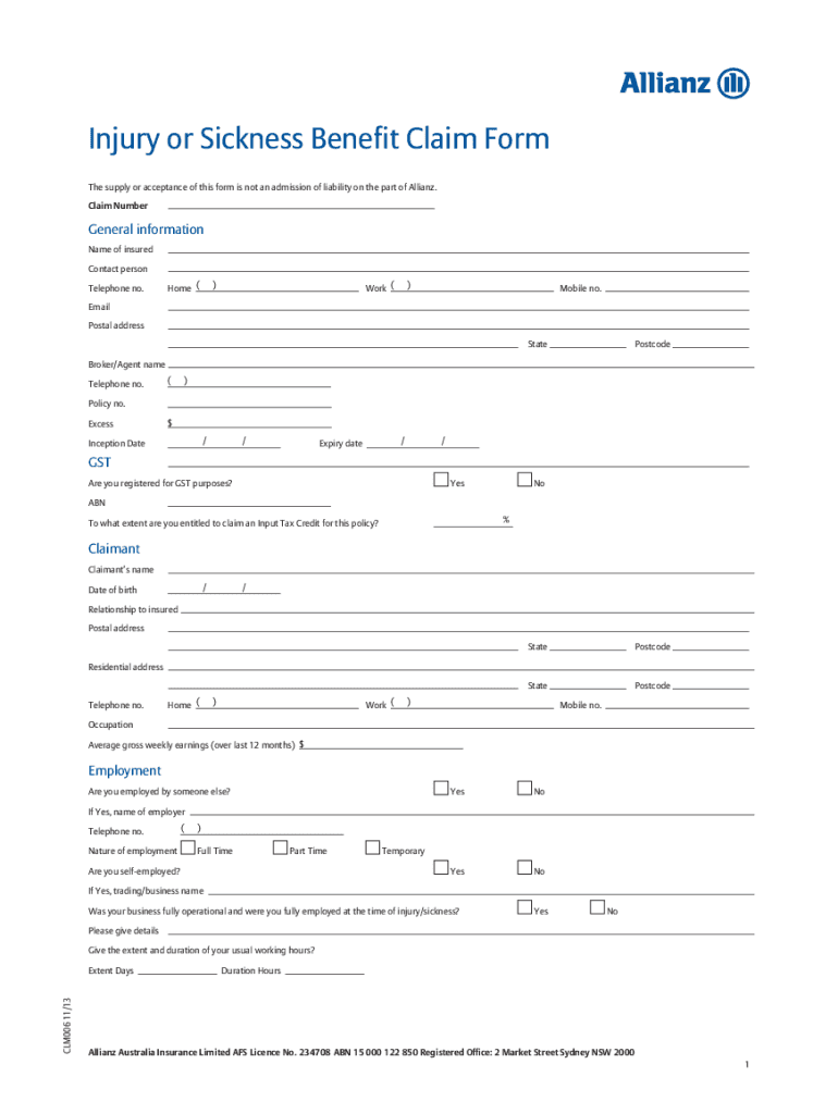 Fillable Online www.allianz.com.aucontentdamInjury or Sickness Benefit ...