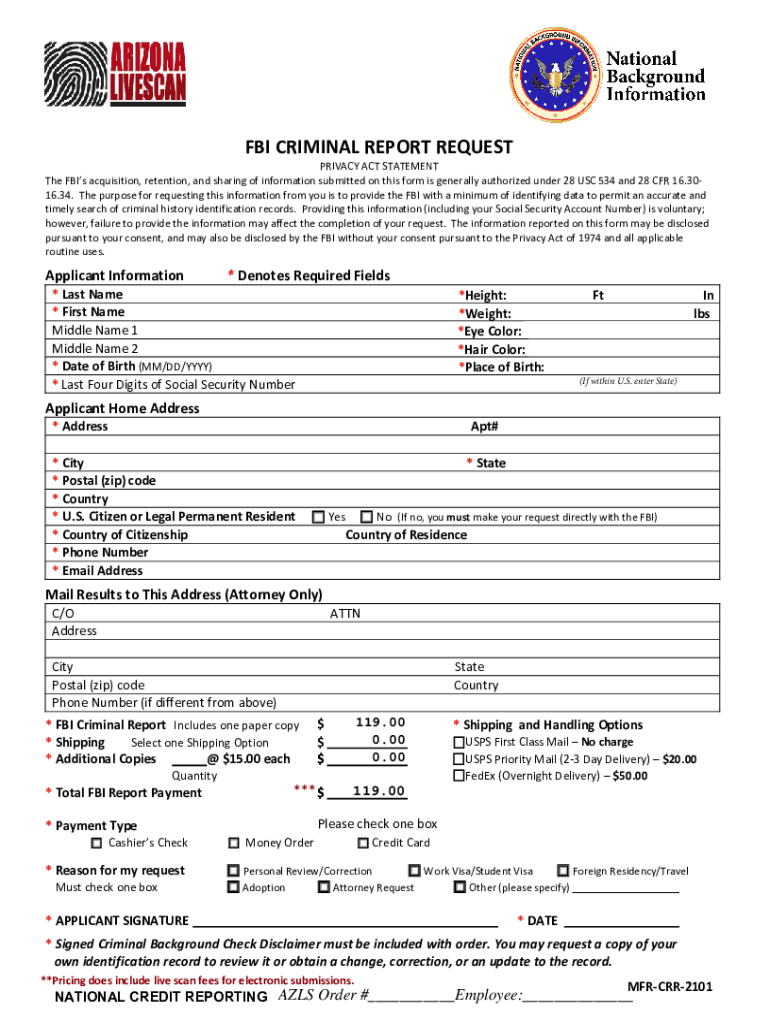 Fillable Online Get FBI CRIMINAL REPORT REQUEST - Nbinformation.com ...