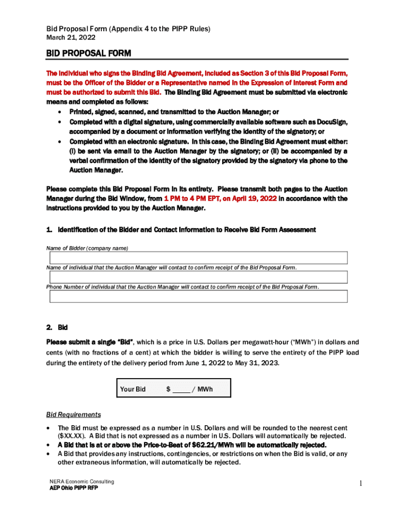 Fillable Online BID PROPOSAL FORM - AEP Ohio CBP Fax Email Print - pdfFiller