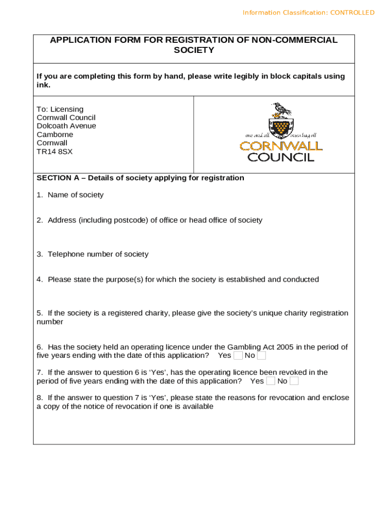 APPLICATION FOR REGISTRATION OF NON-COMMERCIAL SOCIETY If you are ...