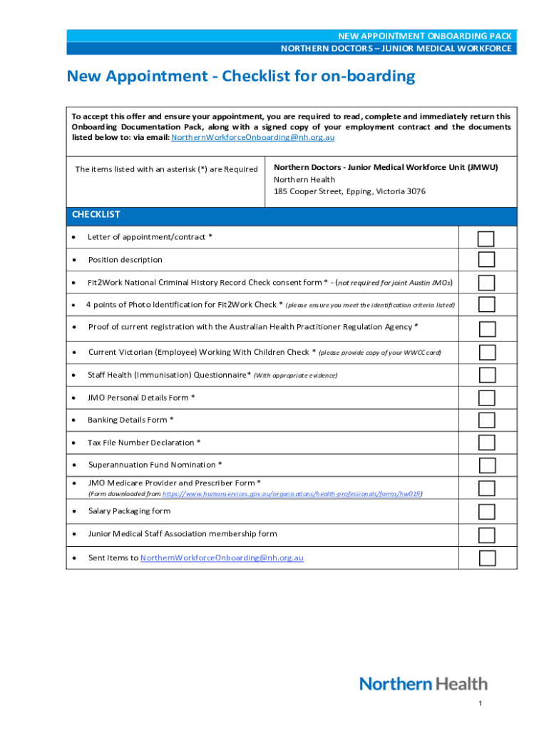 Fillable Online northerndoctors org Onboarding Checklist & Templates 20 ...