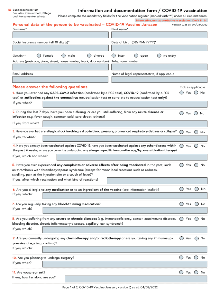 Fillable Online Information and documentation form /COVID-19 vaccinationCOVID-19 Vaccine Janssen ...