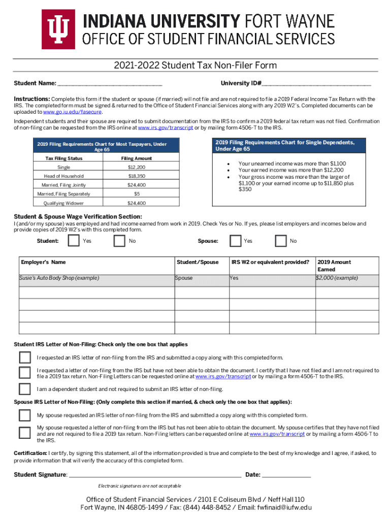 Fillable Online 2021-2022 Student Tax Non-Filer Form Fax Email Print ...