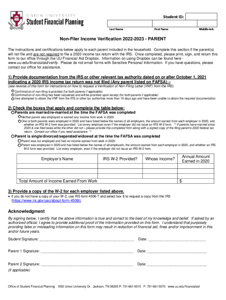 Fillable Online www.uu.eduforms2223-Non-Filer-ParentNon-Filer Income Verification 2022-2023 ...