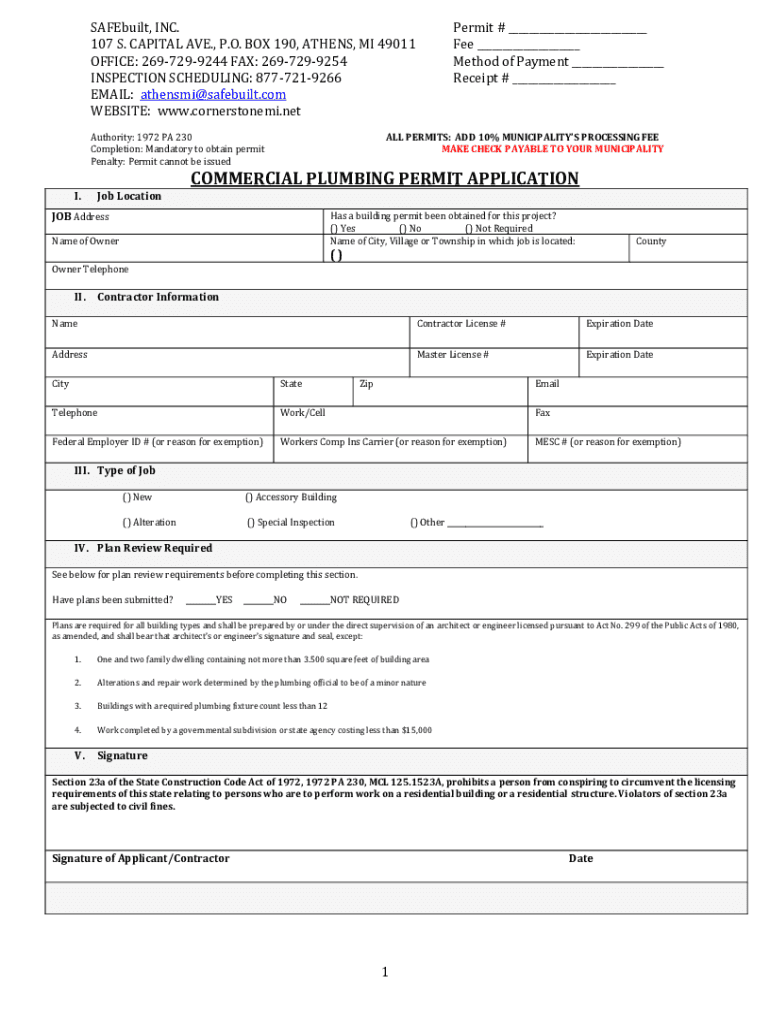 Fillable Online COMMERCIAL PLUMBING PERMIT APPLICATION - safebuilt.com ...