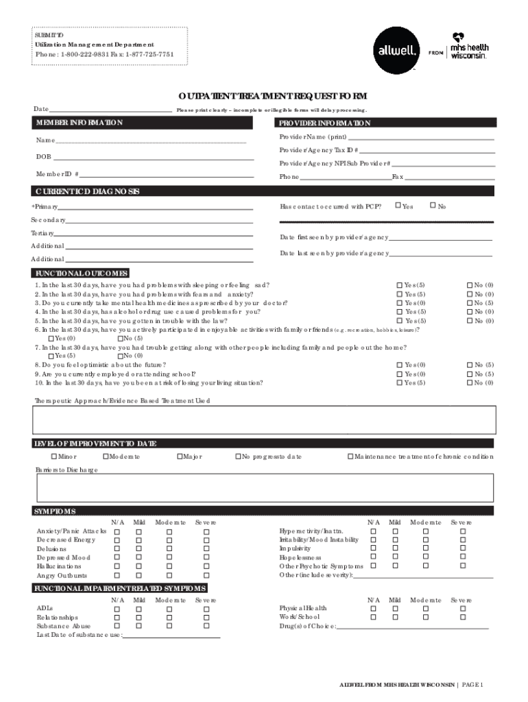 Fillable Online Outpatient Treatment Request Form. Treatment Request ...