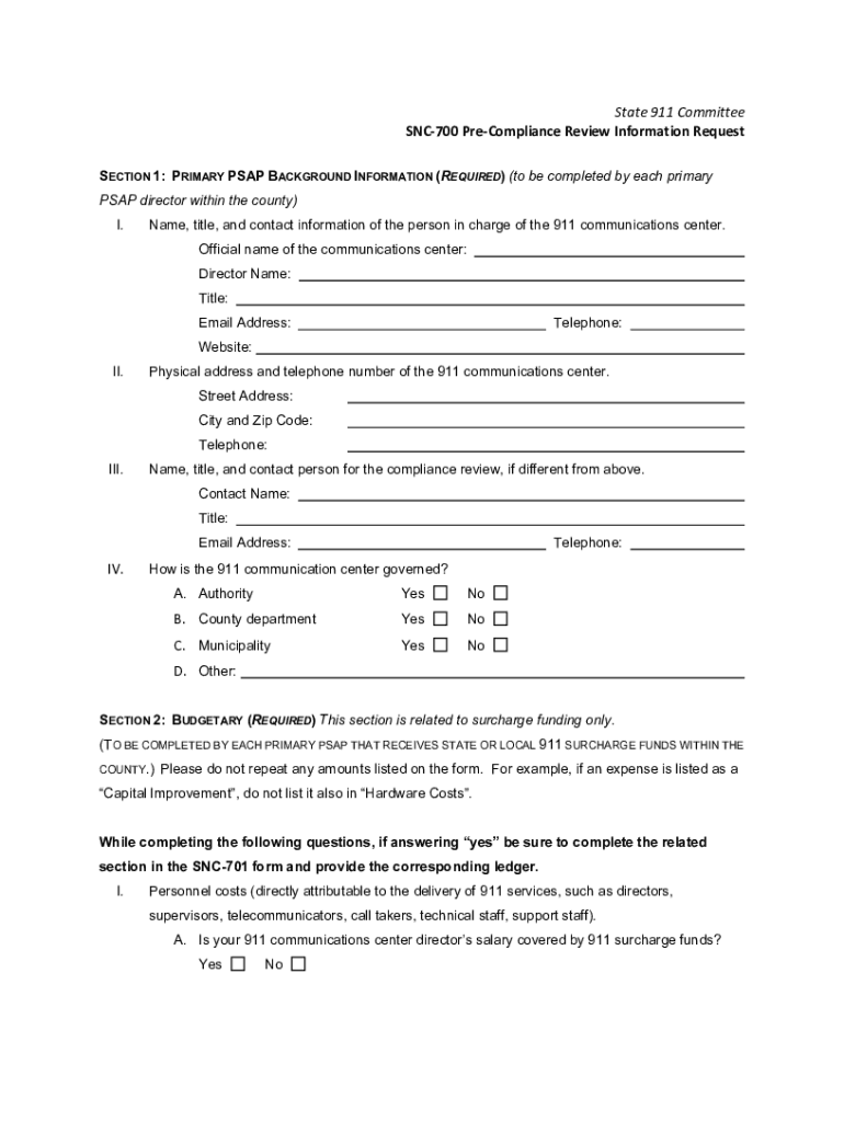 Fillable Online SECTION 1: PRIMARY PSAP BACKGROUND INFORMATION REQUIRED ...