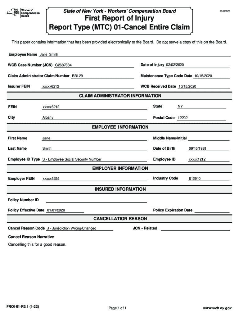 Fillable Online First Report of Injury Report Type (MTC) 01-Cancel ...