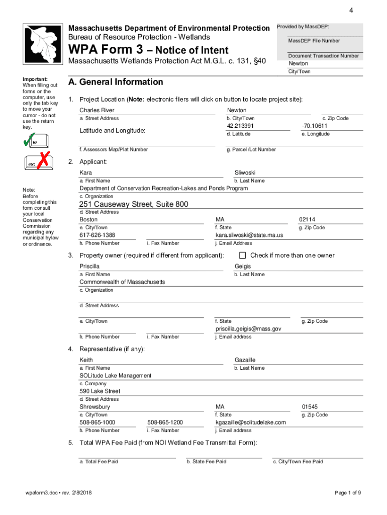 Fillable Online Notice of Intent Application Charles River Aquatic ...