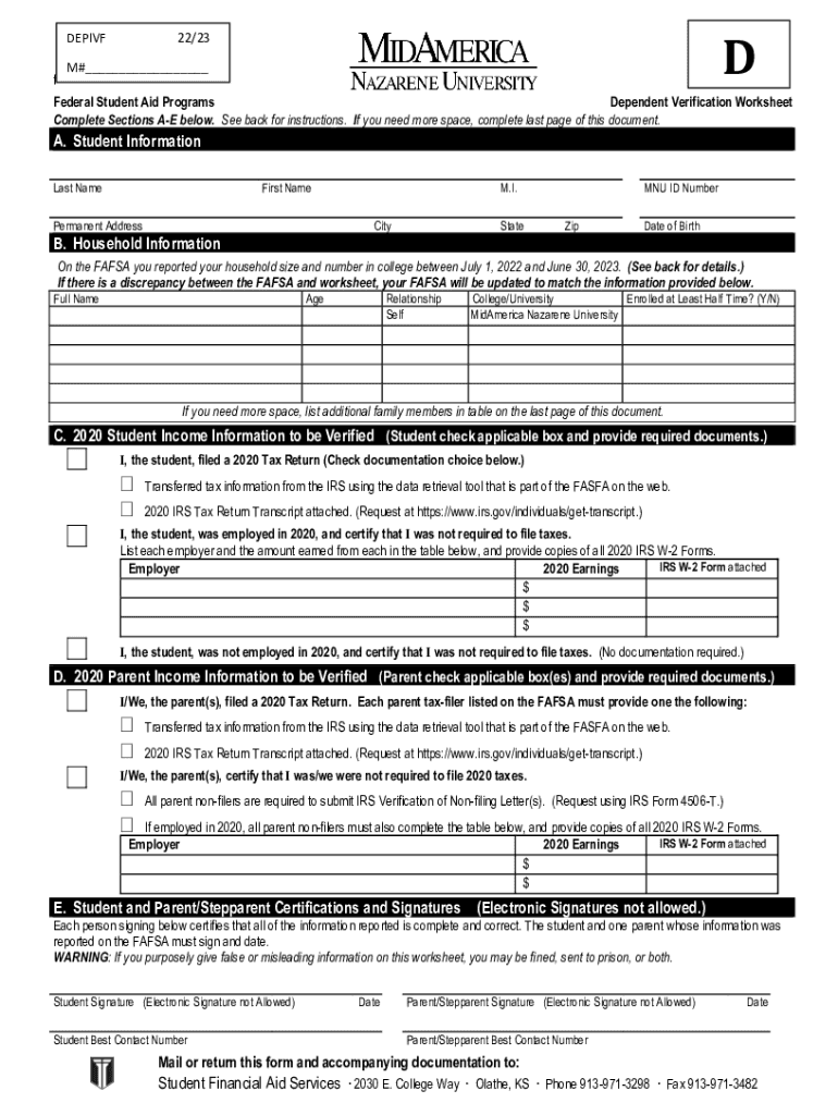 Fillable Online cfweb.cc.ysu.edufinaid1FAWeb2022-2023 Dependent Verification Worksheet Fax Email ...