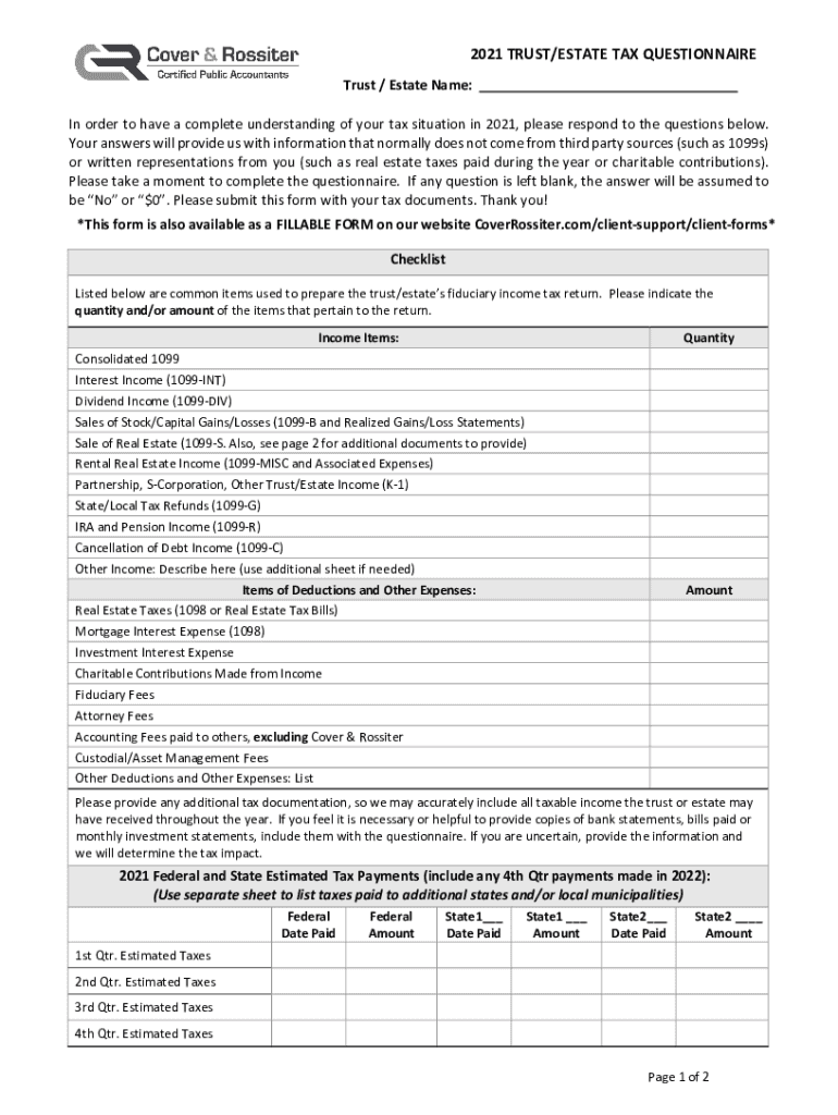 Fillable Online 2021 Trust-Estate Tax Questionnaire.docx Fax Email ...