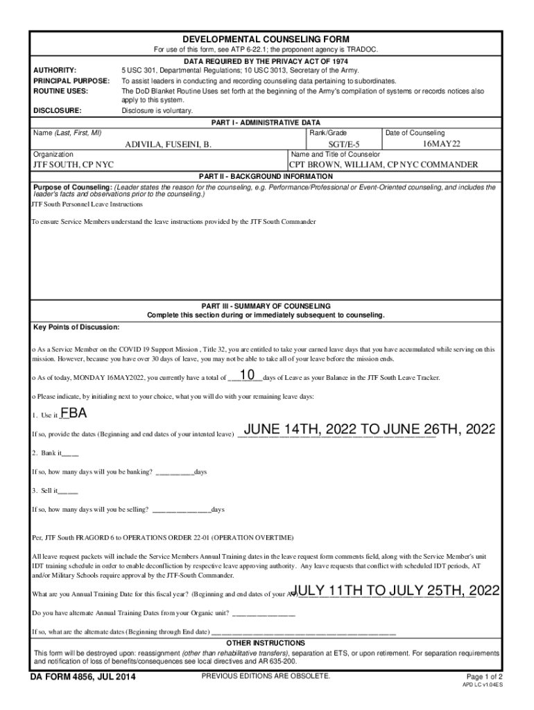 Fillable Online www.usarpac.army.milncoaDocsDEVELOPMENTAL COUNSELING ...