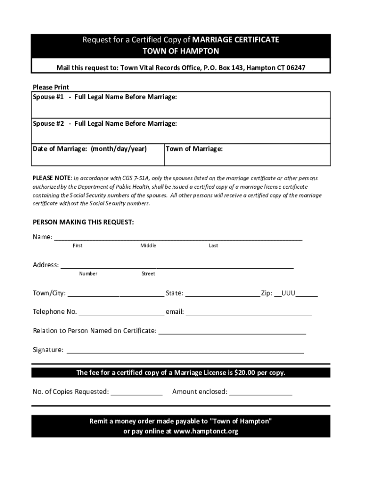 Fillable Online www.hamptonct.orgresourcesrequestformarriageRequest for ...