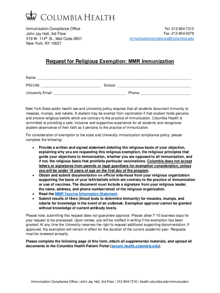 Fillable Online health columbia Request for Religious Exemption. MMR ...