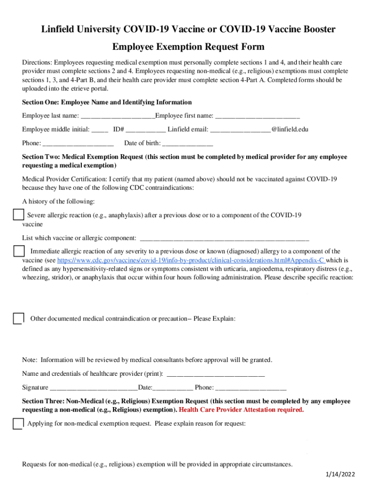 Fillable Online Linfield University COVID Vaccine Employee Exemption ...