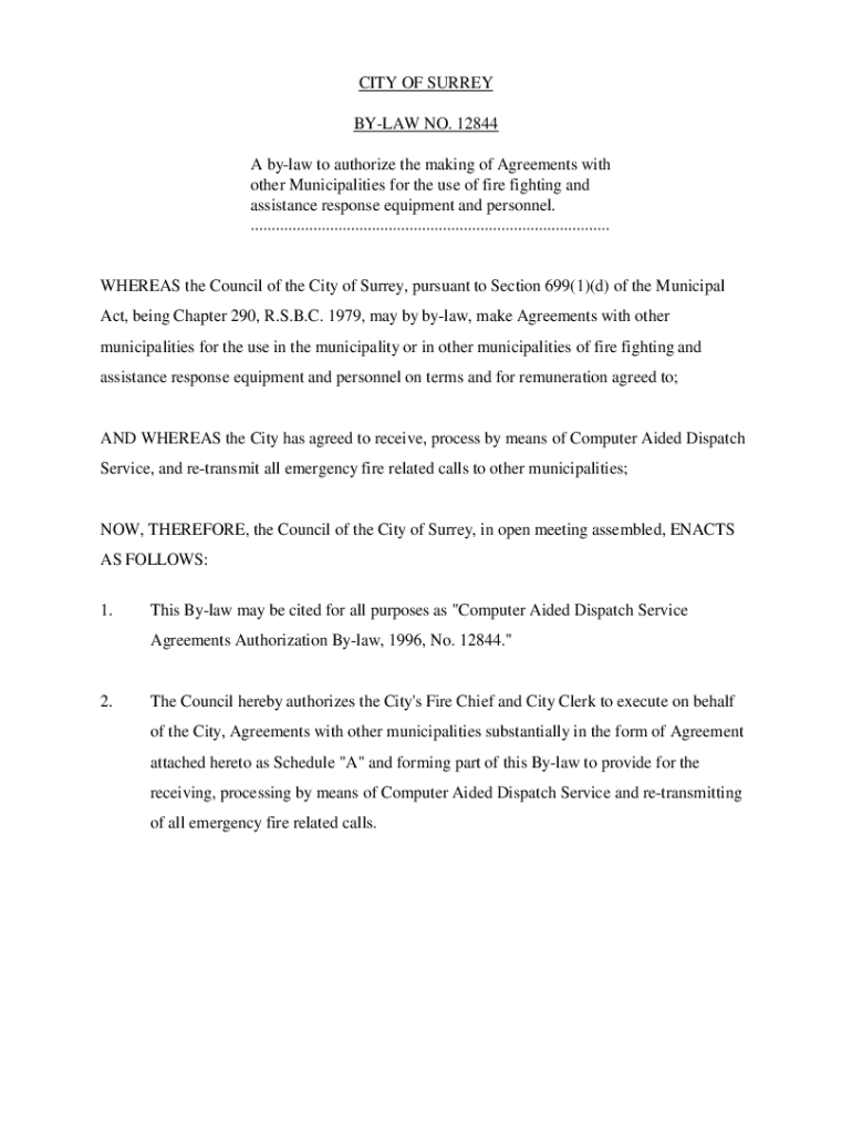 Fillable Online BL 12844 Fire Dispatch Service Agreement. Bylaw 12844 ...