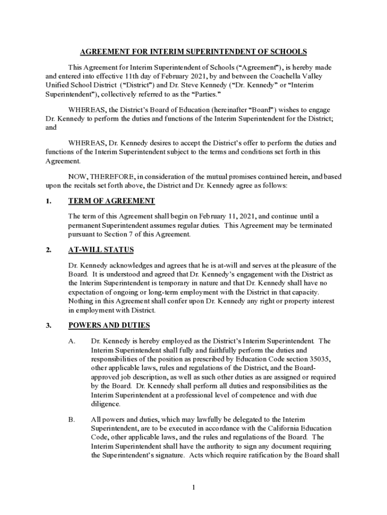Fillable Online AGREEMENT FOR INTERIM SUPERINTENDENT OF SCHOOLS Fax ...