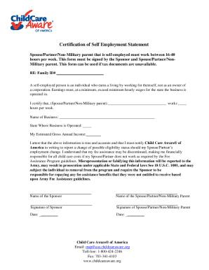 Fillable Online Certification of Self Employment Statement - Child Care ...
