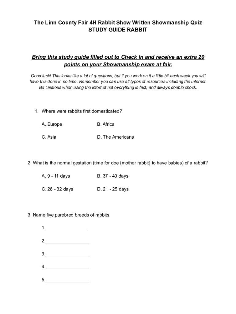 Fillable Online Rabbit Show Written Showmanship Quiz STUDY GUIDE Fax ...