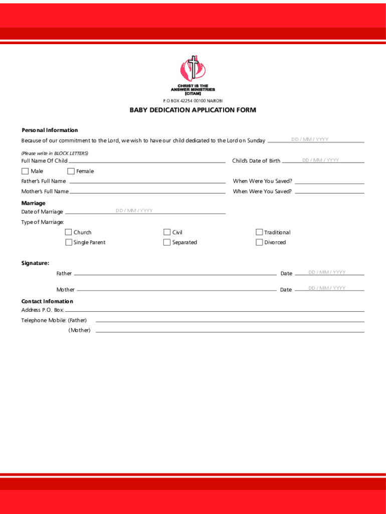 Fillable Online BABY DEDICATION APPLICATION FORM Fax Email Print ...