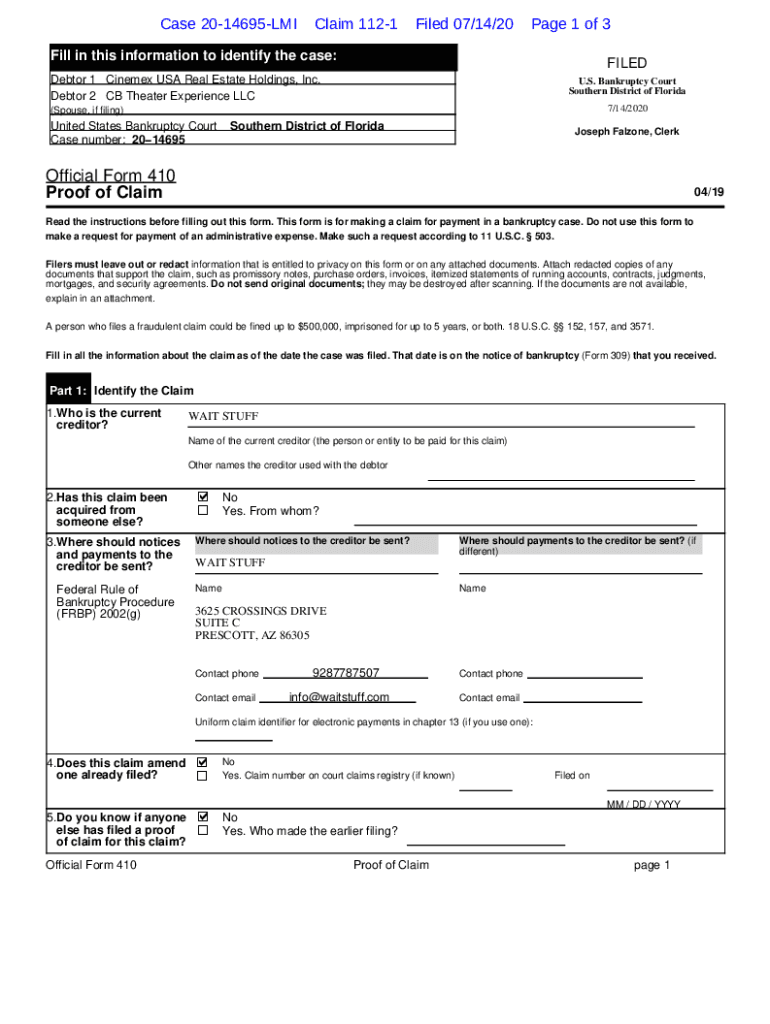 Fillable Online Official Form 410 Proof of Claim 04/19 - casedocs ...