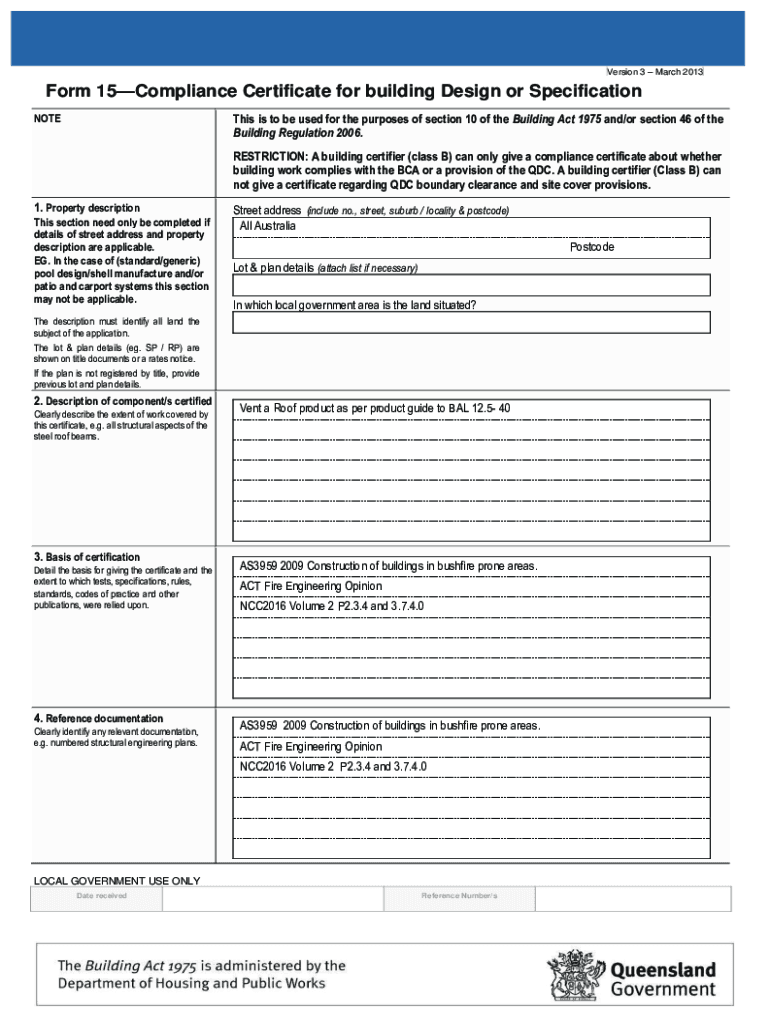 Fillable Online Form 15 Compliance certificate for building design ...