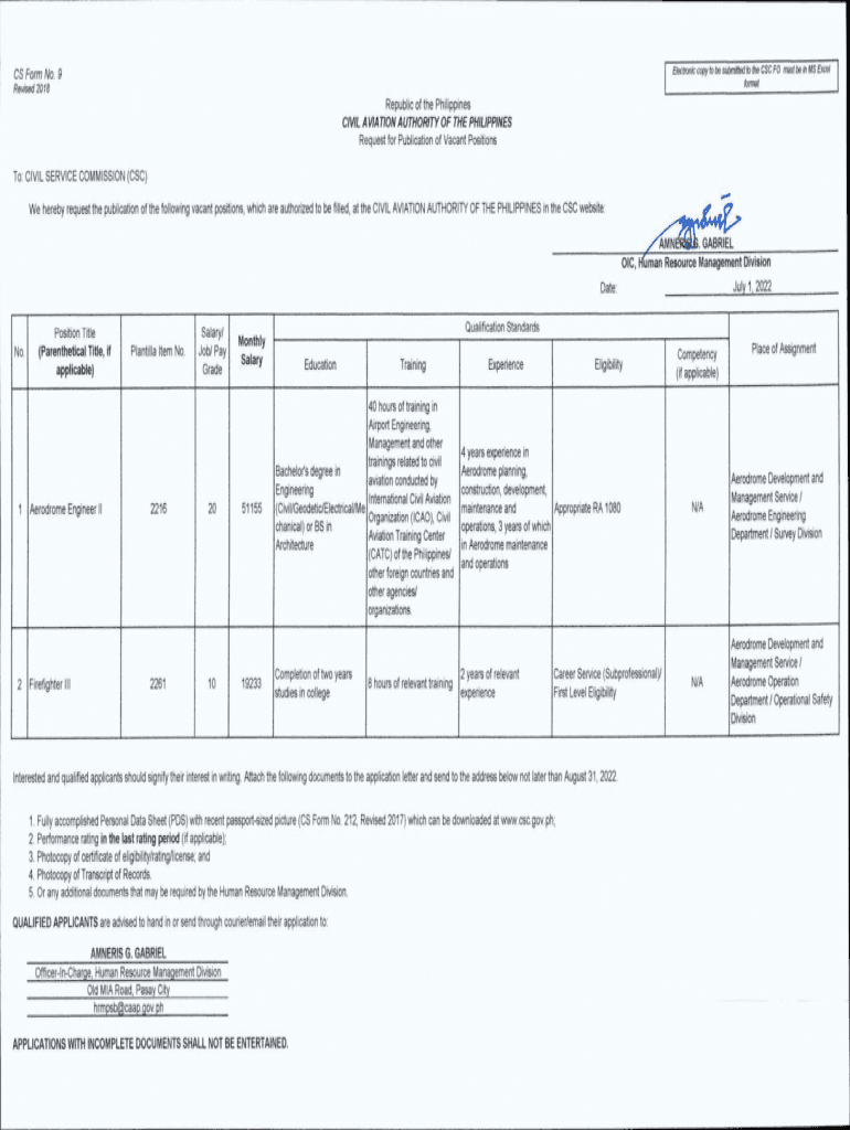Fillable Online caap gov CS Form No. 9 Electronic copy to be submitted ...