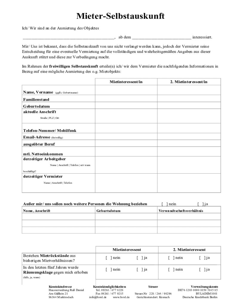 Fillable Online Mieterselbstauskunft: Selbstauskunft des ...