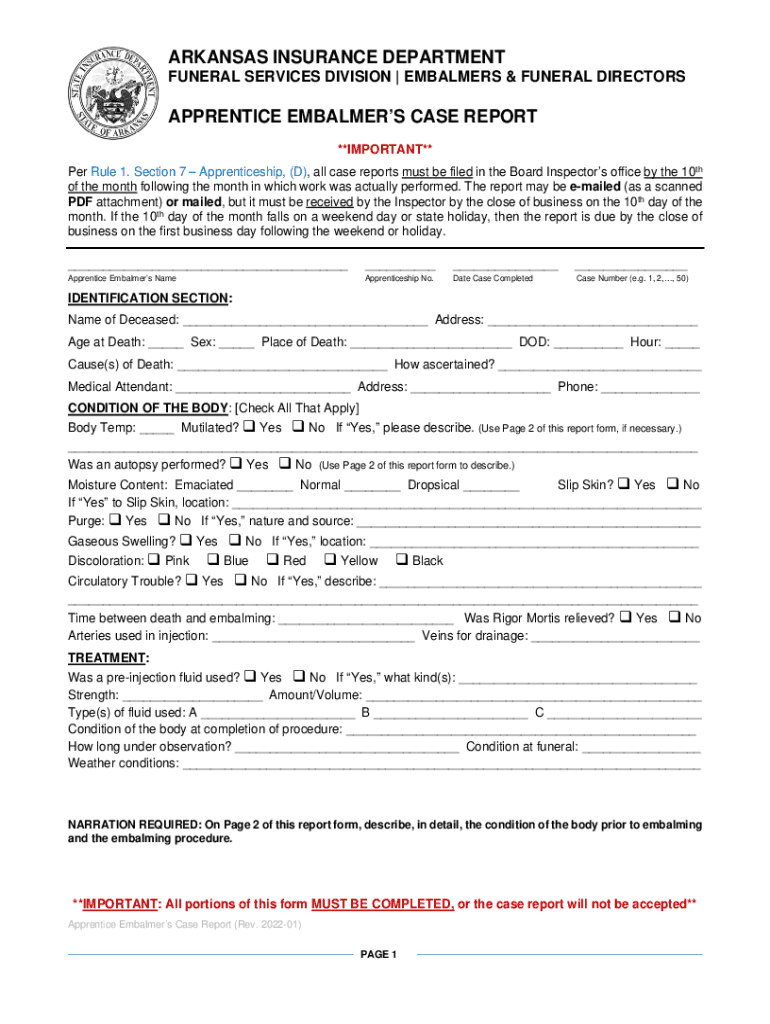 Fillable Online insurance arkansas Apprentice Funeral Director Case ...