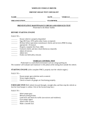 Driver's Road Test Checklist Doc Template | pdfFiller