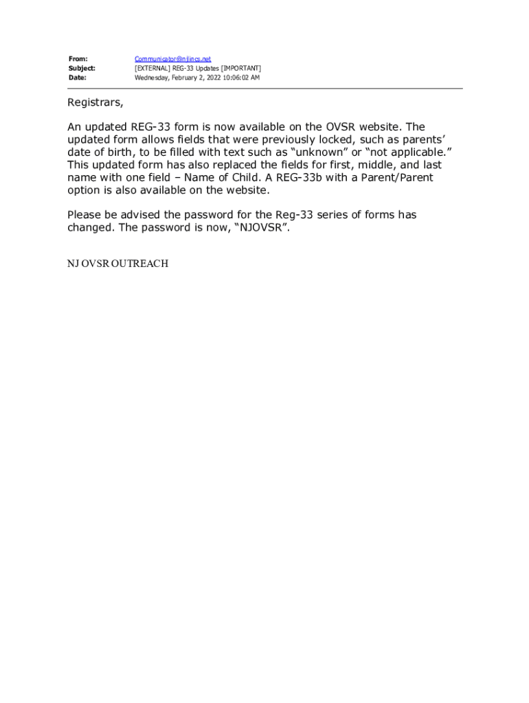 Fillable Online Registrars, An updated REG-33 form is now available on the OVSR ... Fax Email ...