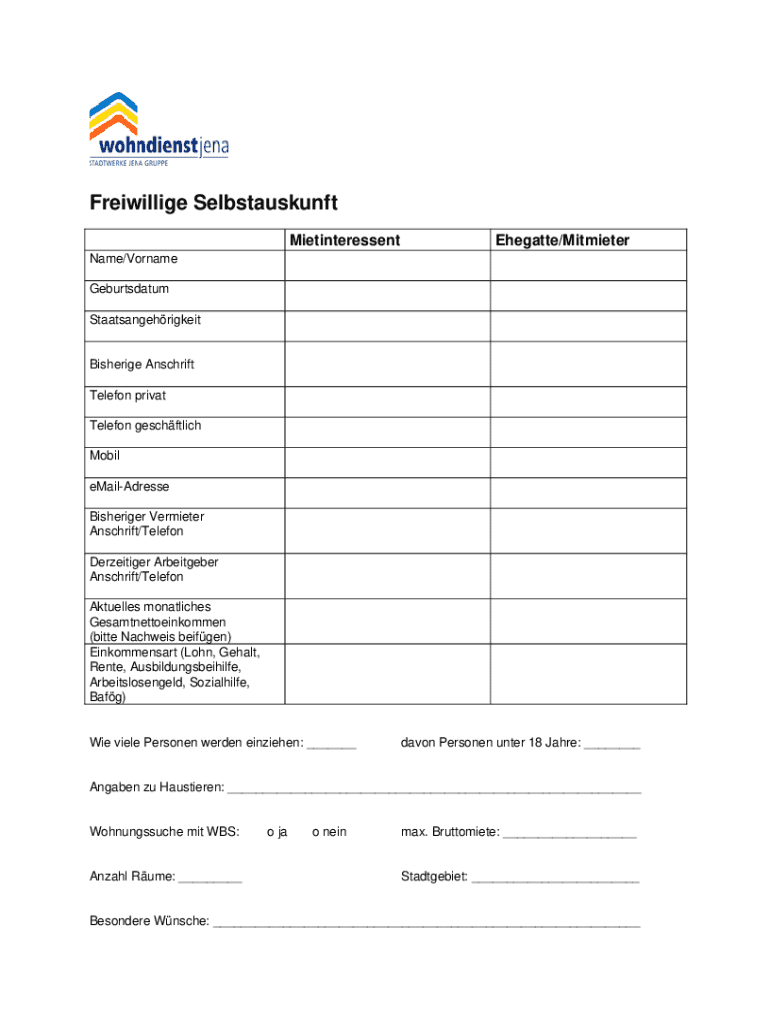 Fillable Online Selbstauskunft fr MieterKostenloses Muster - Mietrecht.org Fax Email Print ...